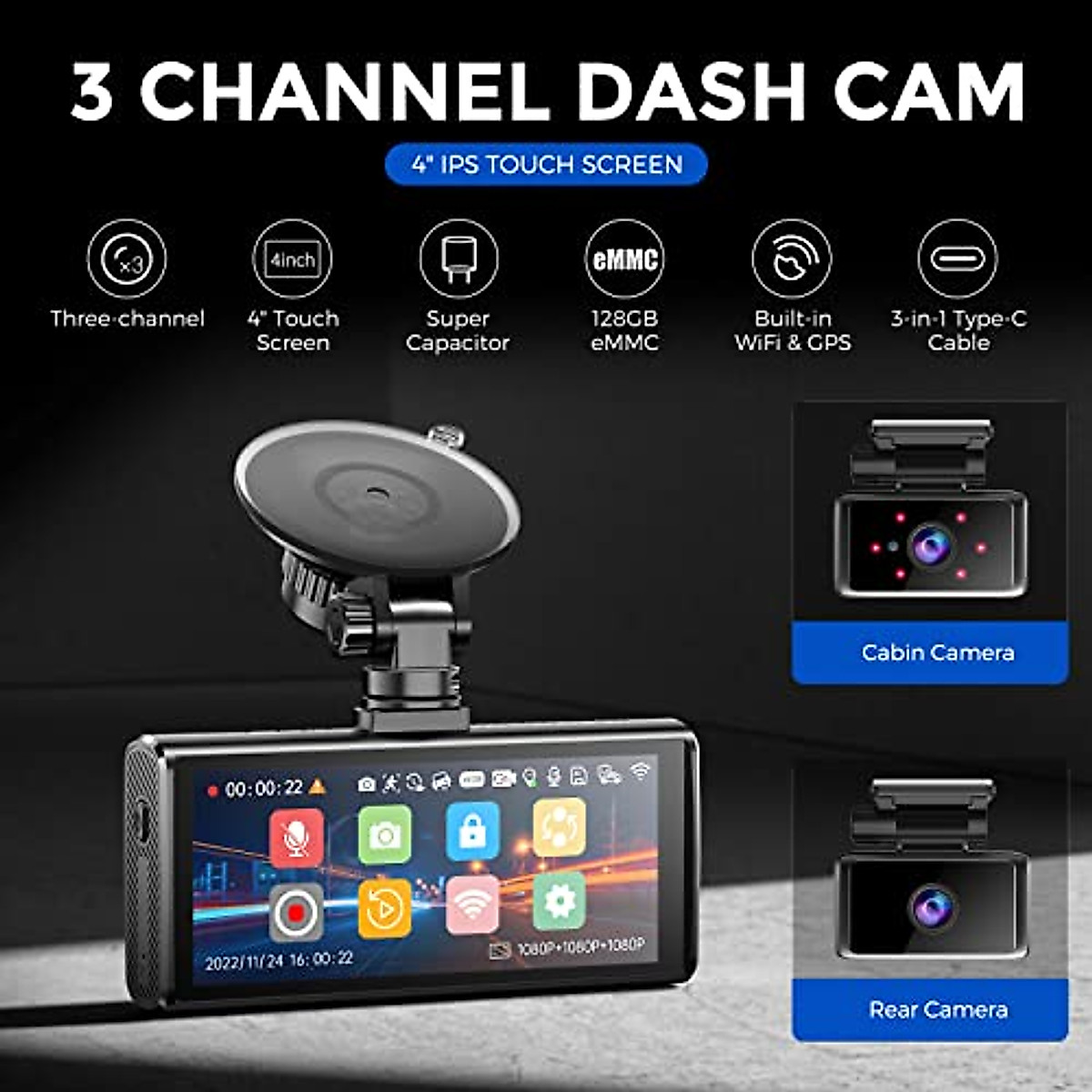 AZDOME M560-3CH Dash Cam 3 Channel, Built in WiFi GPS, 128GB eMMC Storage, 4” IPS Touch Screen, Front Cabin Rear 1080P Dash Camera for Cars, 1440P+1080P Dual, IR Night Vision, Capacitor, Parking Mode