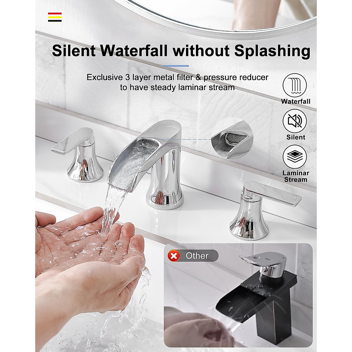 HOIGY Chrome Bathroom Faucet, 2 Handles Brass Widespread Waterfall Faucet for Bathroom Sink, 4-10 Inch Sink Faucet Bathroom 3 Hole, Farmhouse RV Restroom Vanity Faucet with Pop Up Drain & Water Hoses