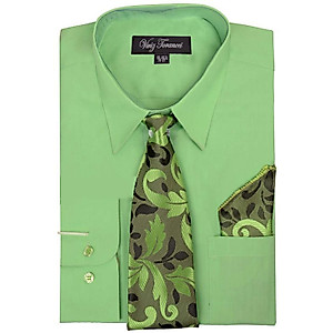 Viviz Forancci Men's Long Sleeve Pointed Collar Dress Shirt with Matching Tie and Handkie AC101, Applegreen, 18"-18.5" Neck 34"-35" Sleeve