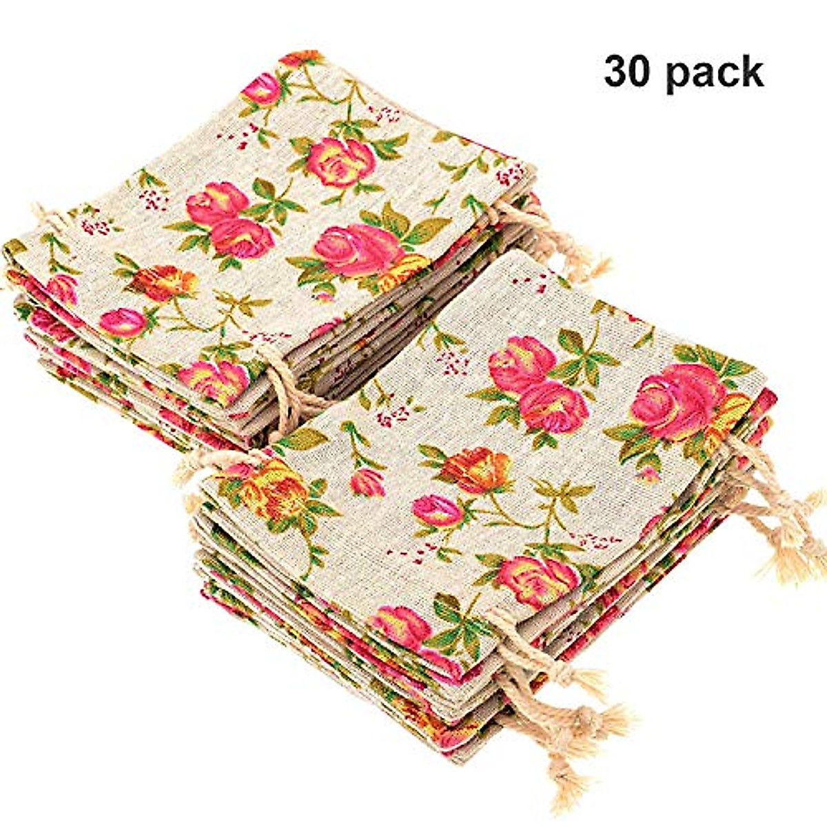 Pangda 30 Pieces Small Size Rose Drawstring Bags Burlap Flower Pouch Bags Linen Gift Bags Jewelry Pouches for Wedding DIY Craft Party (3.9 x 5.3 Inch)
