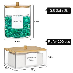 TIPGO Glass Jars and Acrylic Dryer Sheet Holder, Laundry Pods Container with Bamboo Lid and 27 Labels, Powder Detergent Containers for Laundry Room Organization, Storage Jars Set (3 Pack)