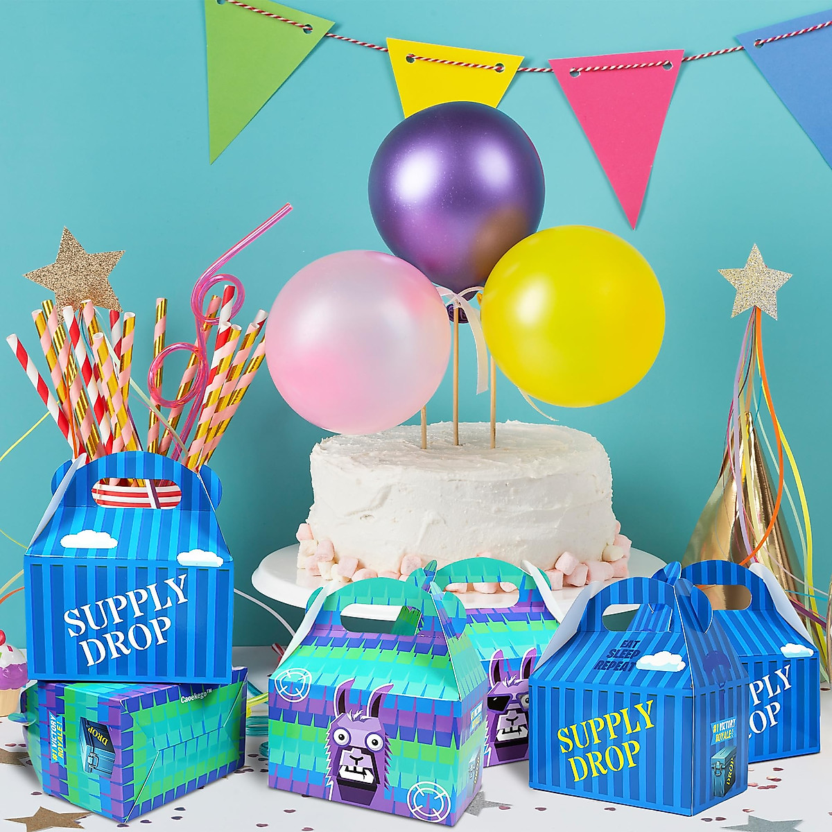 Video Game Llama Goodie Bags, 16 Pcs Treat Boxes Cookie Gable Boxes with Handle Party Boxes for Battle Gamers Birthday Party Supplies Decorations Favors(5.9 x 3.5 x 3.6 Inch)