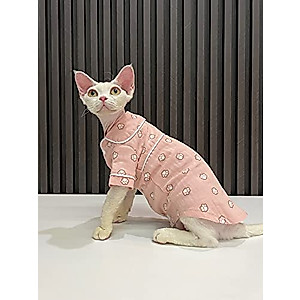 Sphynx Hairless Cat Clothes Autumn Cartoon Pattern Pajamas Air Cotton T-Shirts Comfortable Kitten Shirts Pet Clothes for Cat (M(4.4-5.5lbs), Pink)