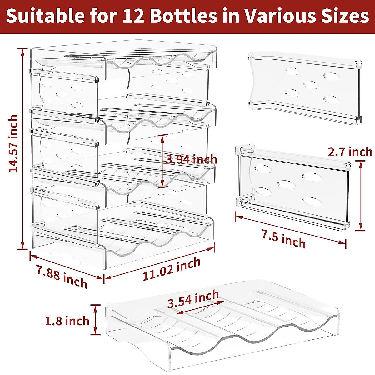 EZ COZY Wine Rack-4 Pack Stackable Wine Rack for 12 Bottles,Wine Rack for Inside Cabinet,for Pantry,Refrigerator,Countertop Organization (4 Tier)