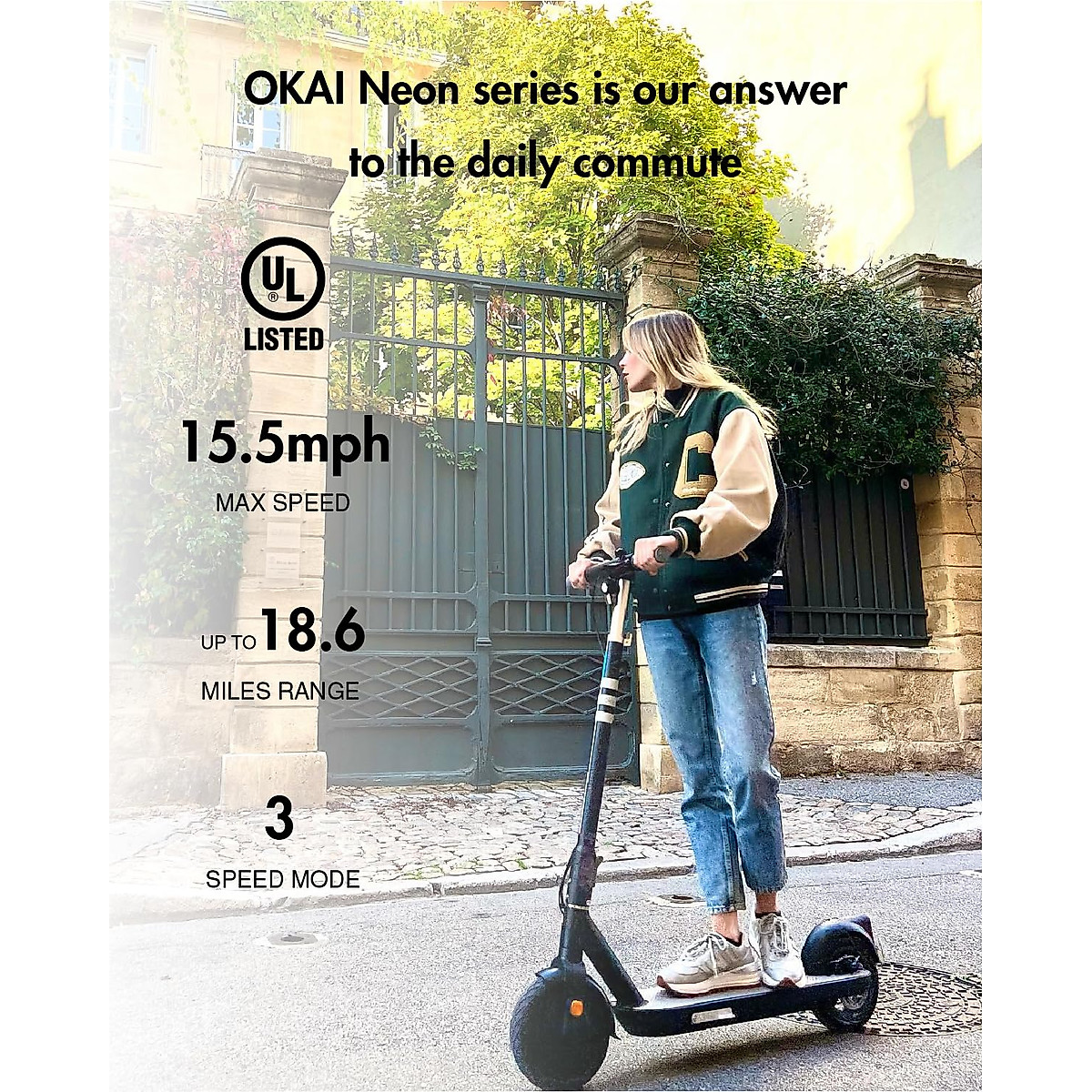 OKAI Neon Lite Electric Scooter Up to 15.5 MPH 18.6 Mile Range E-Scooter for Adults Lightweight Commuter Scooter Ambient Light Black Certification Standards