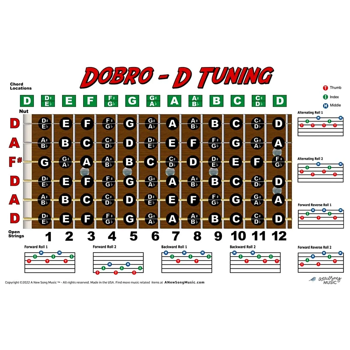 Dobro Open D Tuning Resonator Guitar Fretboard Note & Rolls Chart - Beginners & Intermediate Instructional Easy Poster Chords 11x17 | A New Song Music