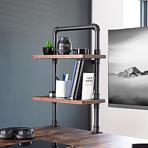 VIVO Clamp-on Premium 16 inch Industrial Pipe 2-Tier Tabletop Shelving, Heavy Duty Desk Extension Organizer, Modern Desktop Display Shelf, Rustic Vintage Brown Shelves, DESK-SHELF16-2N