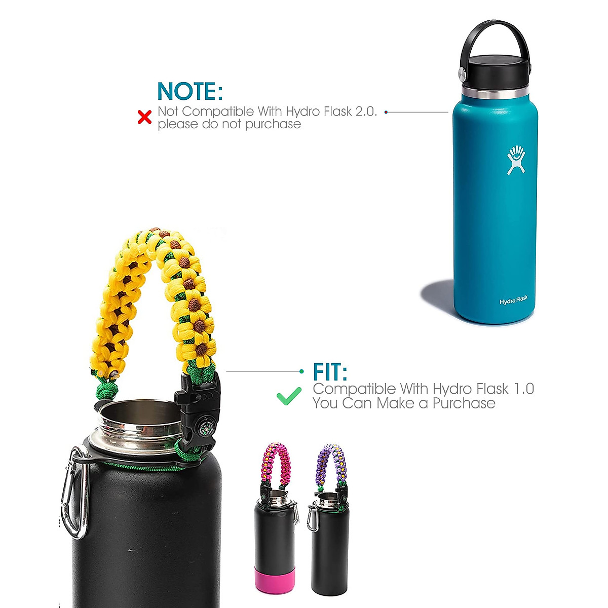 ALIENSX #1 Paracord Handle - Fits Wide Mouth Water Bottles 12oz - 64oz, Durable Carrier Survival Strap Cord with Safety Ring and Carabiner - Ideal Water Bottle Handle Strap