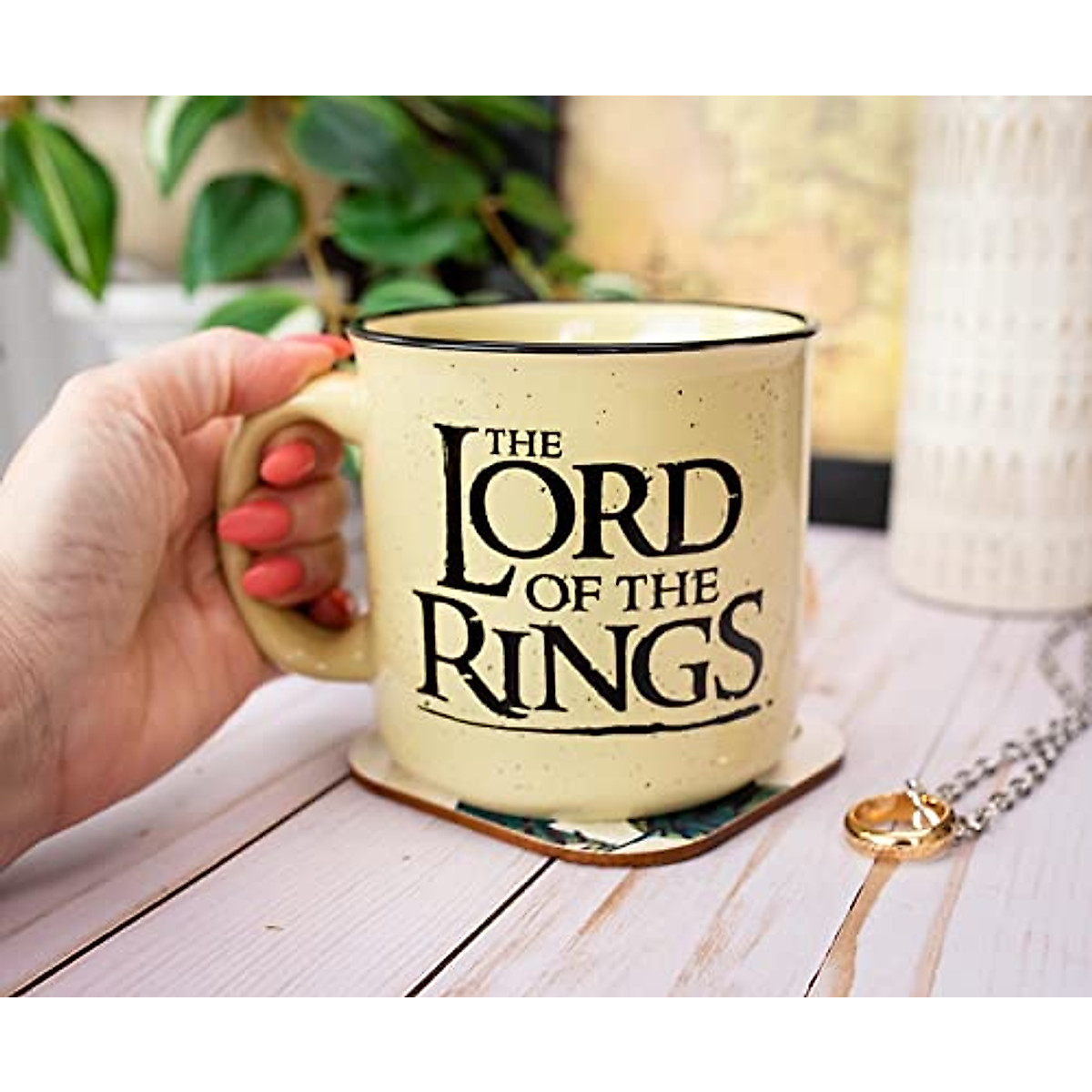 The Lord of the Rings Gondor Elven Script Ceramic Camper Mug | BPA-Free Travel Coffee Cup For Espresso, Caffeine, Cocoa | Home & Kitchen Essentials, Hobbit Gifts and Collectibles | Holds 20 Ounces
