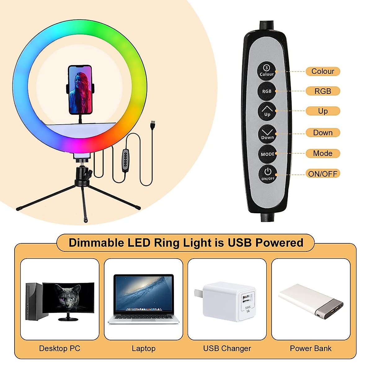 Znbruiap 10 in RGB Selfie Ring Light with Tripod Stand & Phone Holders-Ring Light Color Changing with Desktop Tripod and Remote