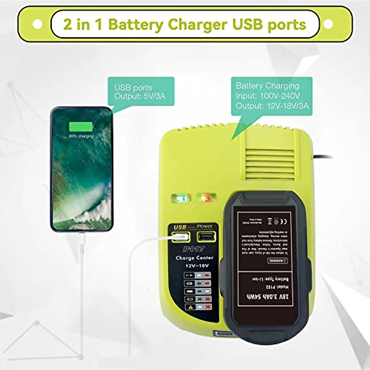 2Pack 3.0Ah P108 P102 Replacement for Ryobi Battery 18V Lithium + P117 Charger for Ryobi 18v Lithium Battery 18V P108 P107 P104 P105 P102 P103 Charger with 260051002 P117 P118 P119 P113 BCL1418