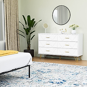 CARPETNAL White Dresser, Modern Dresser for Bedroom, 6 Drawer Double with Wide Drawers and Metal Handles, Wood Dressers & Chest of Hallway, Entryway.