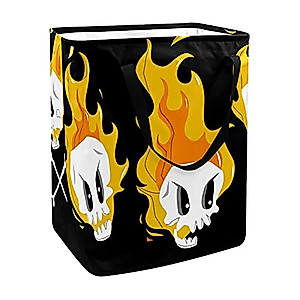 Funny Flaming Skull Laundry Basket Large Cloth Organizer Bag Basket Foldable Laundry Hamper with Handles