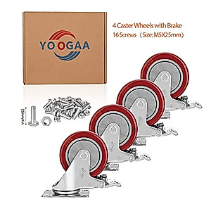 YOOGAA 5" Heavy Duty Caster Safety Dual Locking Swivel Caster Wheels with Screw Total Capacity 1500lbs (Set of 4 with Brake)…