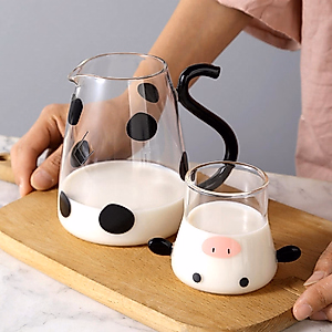 Cow Glass Water Pitcher With Glass Cup, Cute Cow Glass Carafe Set With Glass Mug Cow Glass Tea Pitcher Kettle Milk Jug Water Carafe For Midnight Drink (550ml)