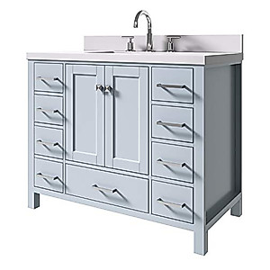 ARIEL Bathroom Vanity 43" Inch in Grey with Pure White Quartz Countertop, Rectangular Sink, 2 Soft Closing Doors and 9 Full Extension Dovetail Drawers, No Mirror