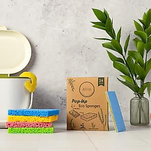 ARYA. | Pop-Up Eco Sponges 24 Pack | Natural Cellulose | Compostable & Biodegradable | Compressed Kitchen & Bathroom Sponges | Plastic-Free & Non-Scratch (24)