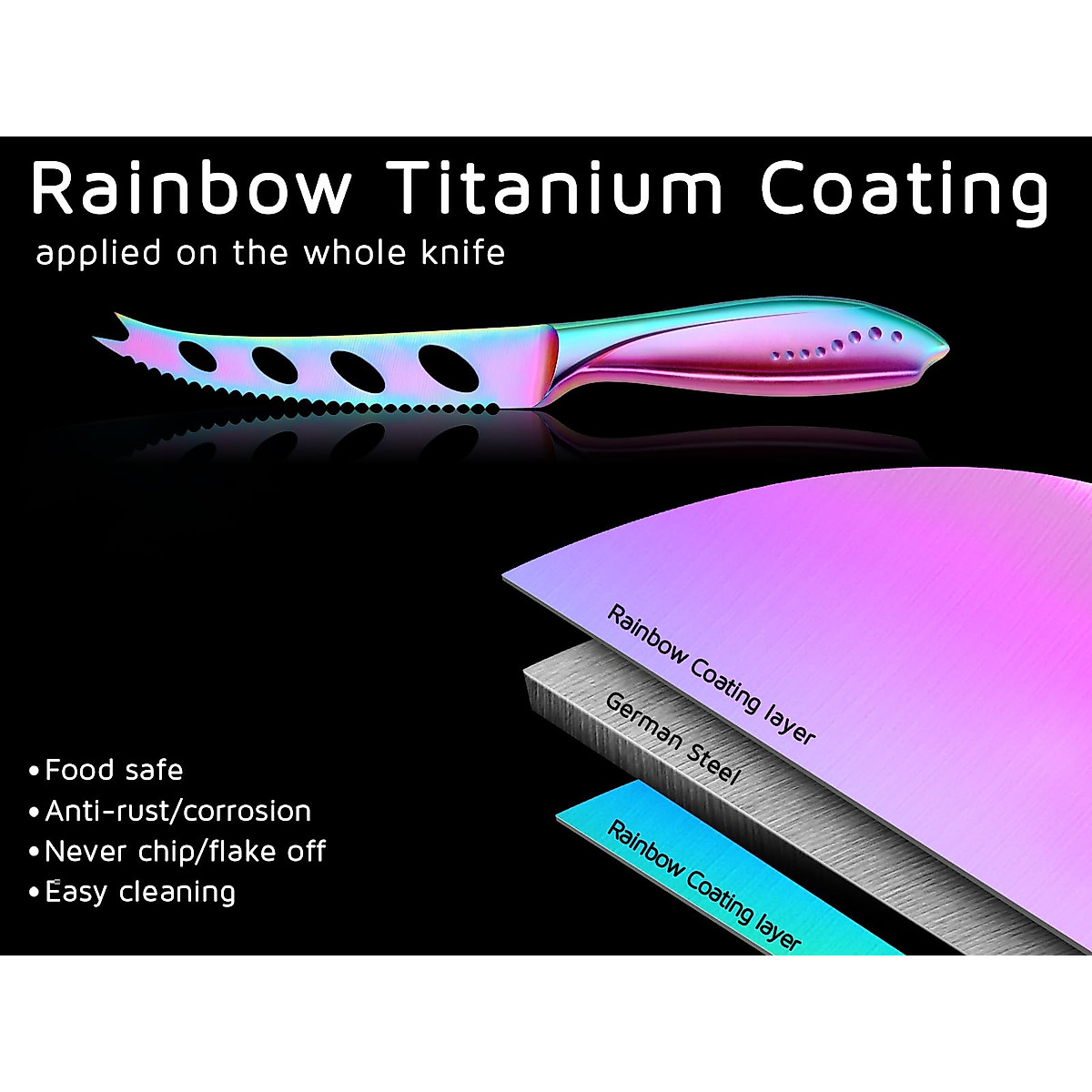 WELLSTAR Cheese Knife, Serrated Tomato Knife 5 Inch Sharp High Carbon Stainless Steel Blade for Cutting All Cheese Types - Rainbow