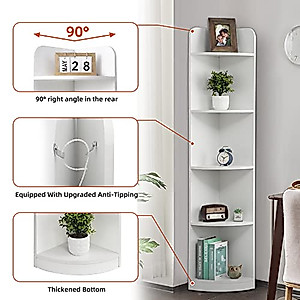 5-Tier Corner Bookshelf - 63" Tall Modern Free-Standing Corner Bookcase - Durable Wood Corner Cabinet and Plant Shelf in Clean White for Living Rooms, Bedrooms, Kitchens, and Offices-White
