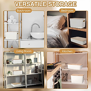 Suzile 6 packs Plastic Storage Bins with Bamboo Lids Stackable Storage Containers for Organizing, with Labels and Marker Document Paper Storage(Medium Large)
