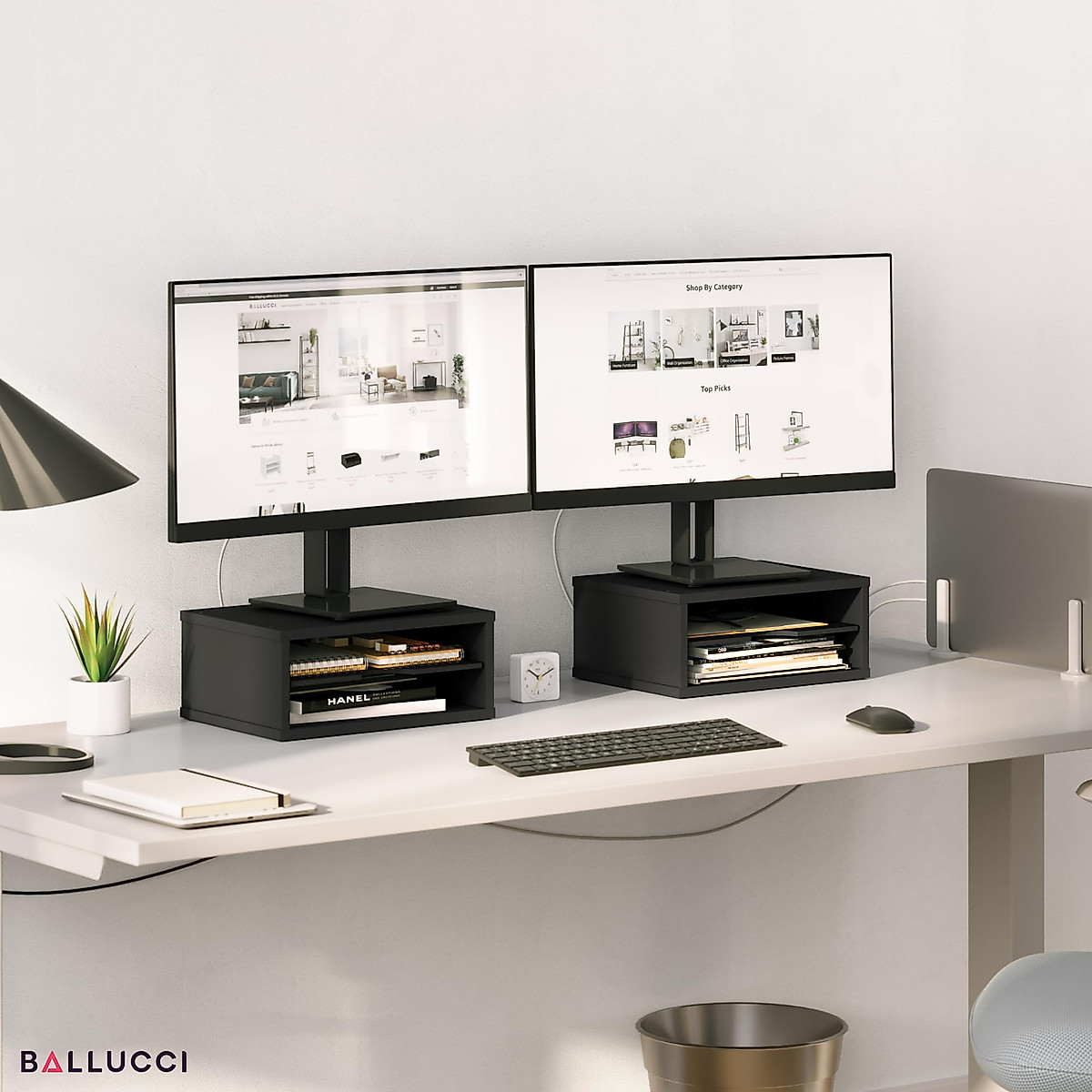 Ballucci File Organizer, 2-Tier Document Paper Sorter, Stackable Wood Desk Organizer Mail Holder, Monitor Stand with Storage Shelves, Black