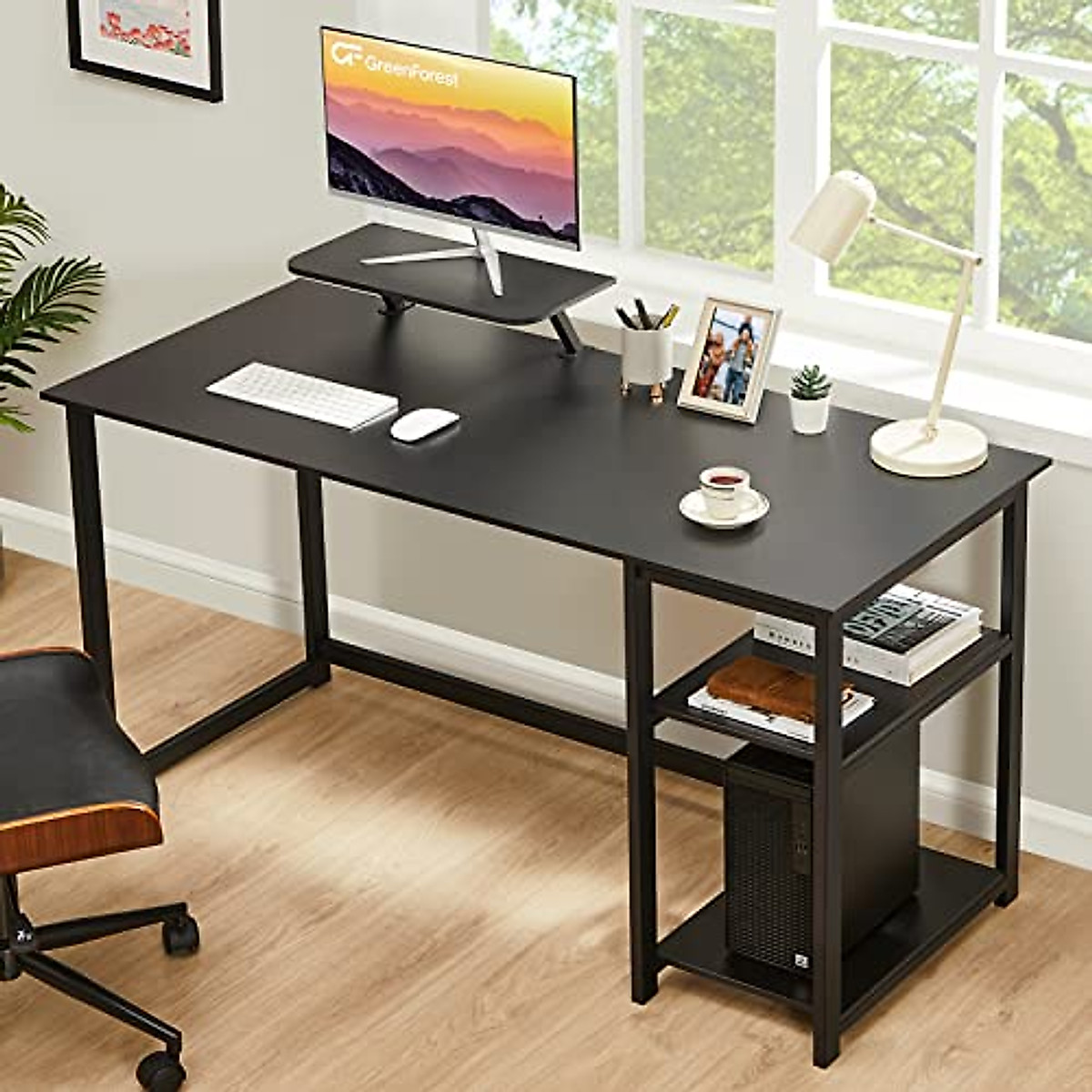 GreenForest Computer Home Office Desk with Monitor Stand and Storage Shelves on Left or Right Side,47 inch Modern Writing Study PC Laptop Work Table,Black