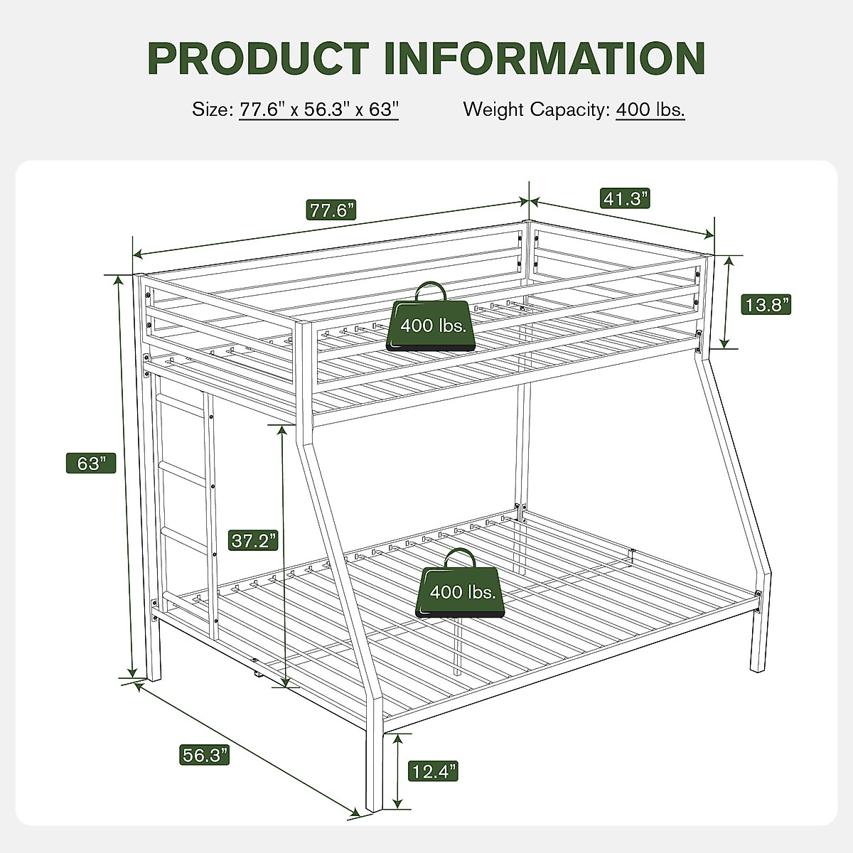 MUTICOR Modern Twin Over Full Metal Loft Bed with Ladder for Junior & Adults, Space-Saving Bunk Bed Frame, Sturdy & Durable, Ideal for Bedrooms, Dorms, and Guest Rooms, White
