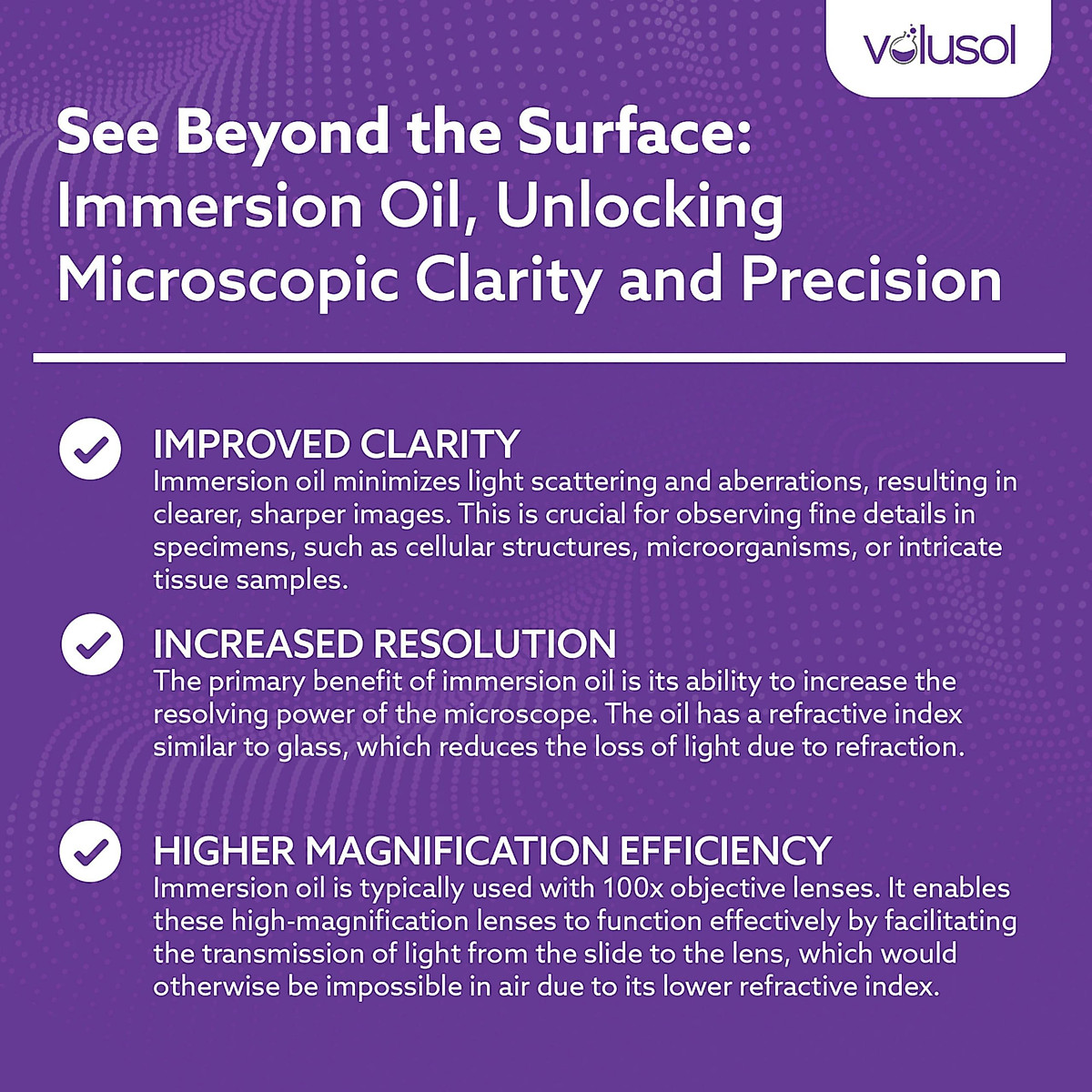 Volu-Sol Microscope Immersion Oil - Type A (Low Viscosity), Safe for All Lenses, Precision PP Polycone 150 centisokes - Enhance Microscopy Clarity for Microscope Slide | Clear Vision 125mL / 4oz