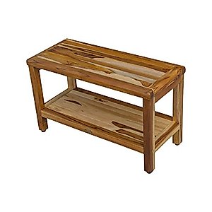 EcoDecors Eleganto Shower Bench 30” Teak Wood Garden Bench with Storage Shelf Wooden Seat Patio Bench Natural Wood Shower Bench for Indoors and Outdoors