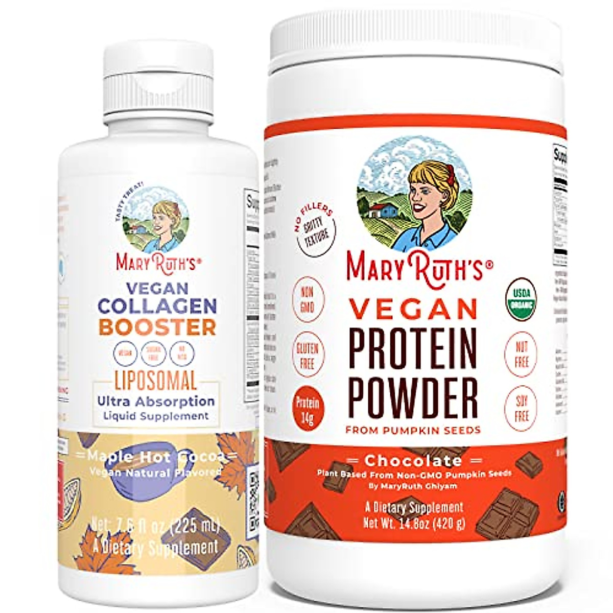 Collagen Booster Liposomal & Organic Protein Powder Plant-Based Bundle by MaryRuth’s | Vitamin C & E, Zinc, Copper & Silica | Skin Care & Joint Support Supplement | Vegan | Gluten Free | Non-GMO