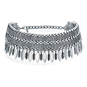 Native American Style Bohemian Boho Dangling Feather Wide Choker Necklace Western Jewelry for Women Teens Oxidized Silver Plated
