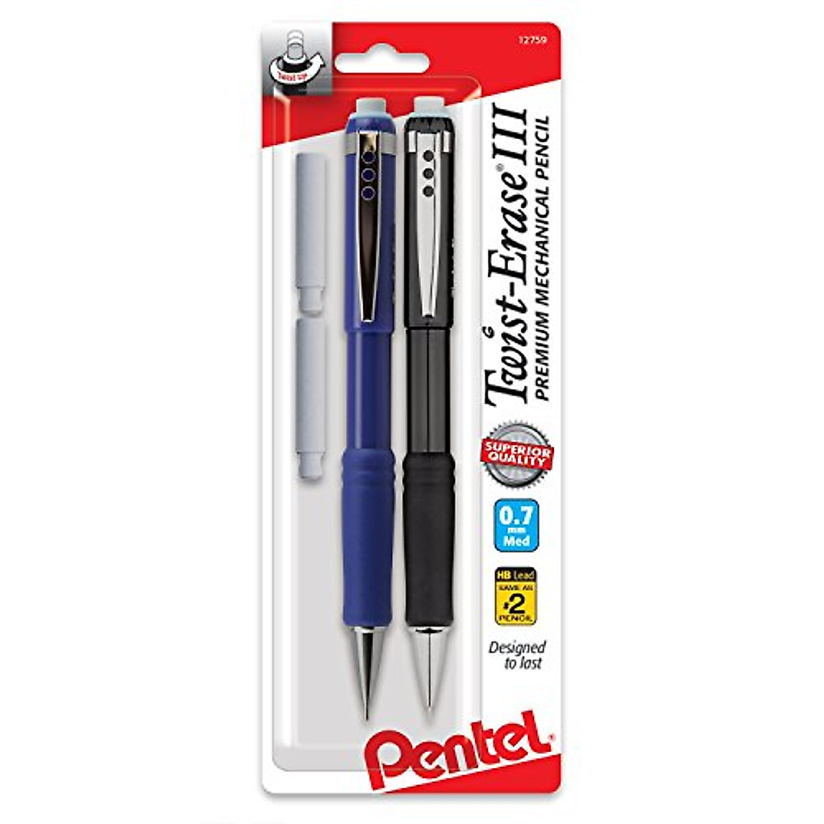 Pentel® Twist-Erase® III Mechanical Pencils, 0.7mm, Assorted Barrel Colors, Pack Of 2 Pencils