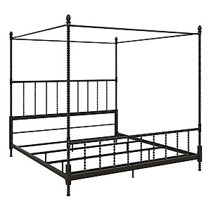 Pemberly Row King Size Canopy Bed with Headboard, Footboard, Metal Slats in Metal, in Black, No Box Spring Needed, Easy Assembly