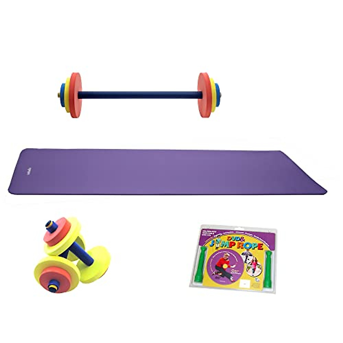 Fun & Fitness for Kids® Complete Fitness Set, Dumbbells, Barbell Set, Foam Yoga Mat, Adjustable Jump Rope, Jump Rope Trainer Video
