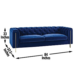 Steve Silver Furniture Charlene Blue Velvet Button Tufted Sofas, Transitional Style, Contemporary Style, for Living Room, Couch and Loveseat, 35.5" D x 84" W x 32" H, Sapphire Blue/Brass