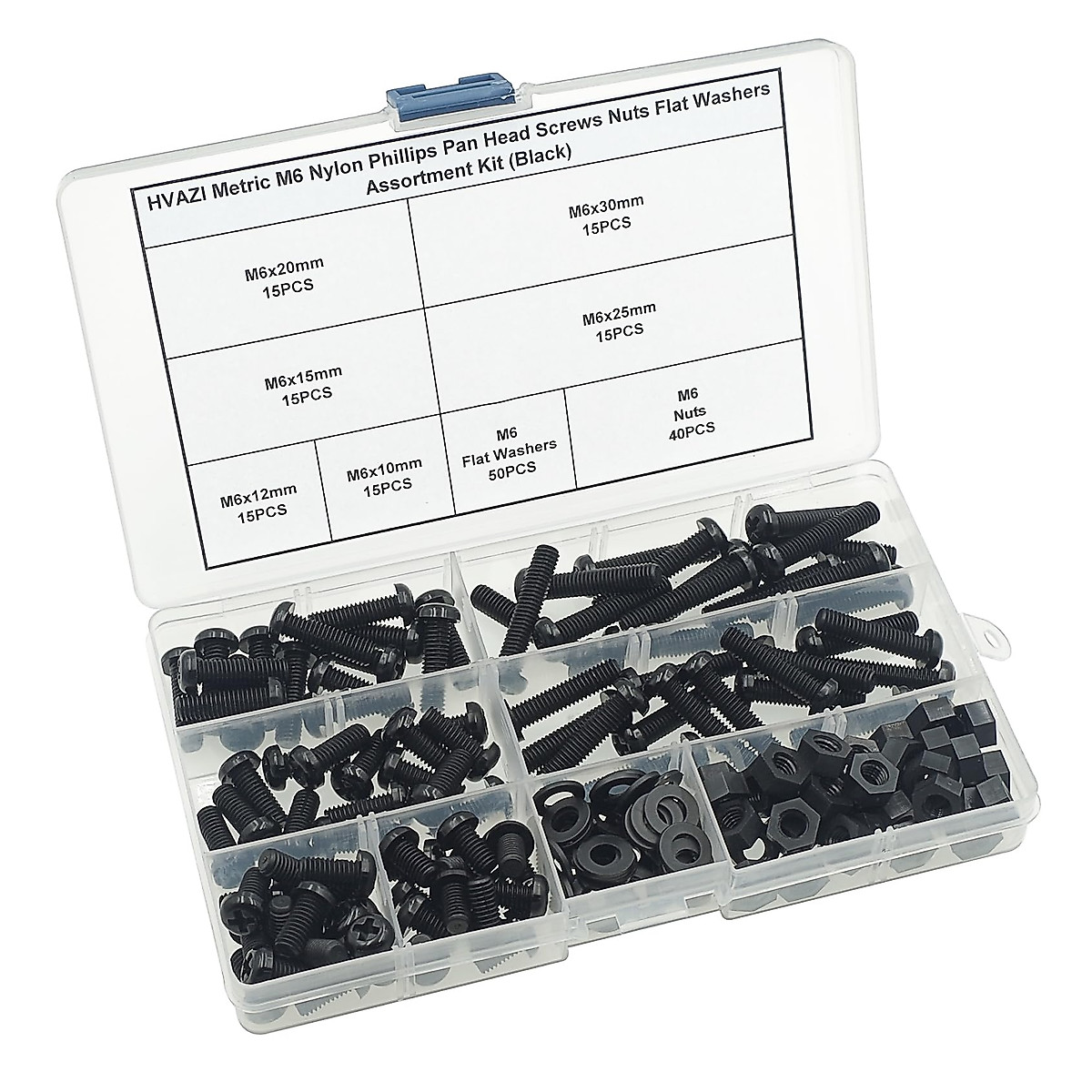 HVAZI Metric M6 Nylon Phillips Pan Head Screws Nuts Flat Washers Assortment Kit (Black)