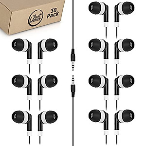 Bulk Earbuds 30 Pack | Basic Earbuds, Dot Headphones, Black in-Ear Earbuds, Disposable Headphones, 3.5 MM Audio Jack Stereo Earphones for Schools, Kids, Classrooms & Libraries