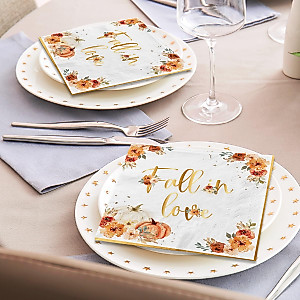 Fall in Love Bridal Shower Napkins Decorations,40Pcs Fall Floral Wedding Engagement Party Decorations Set Orange Fall in Love Napkins for Autumn Thanksgiving Party Disposable Supplies