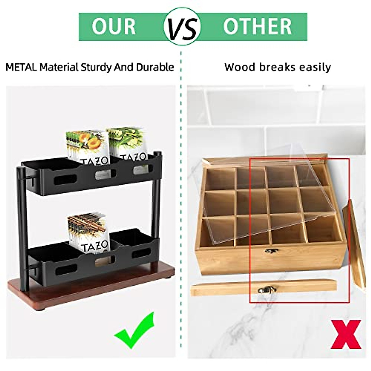 Tea Bag Organizer, 2 Tier Tea Bags Organizer Holdr Holds 50 Teabags, Solid Wood Vertical Tea Storage, Tea Rack for Tea Bags, Countertop, Black