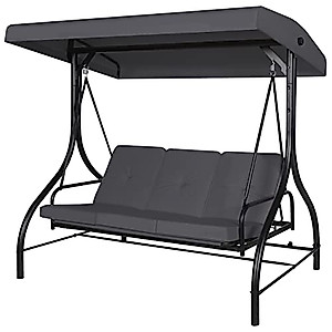 VEIKOU Outdoor Porch Swing with Converting Seat, 3-Seat Patio Swing Chair w/Upgraded Thick Cushion & Weather Resistant Steel Frame, Backyard Swing Glider Hammock w/Adjustable Canopy, Grey