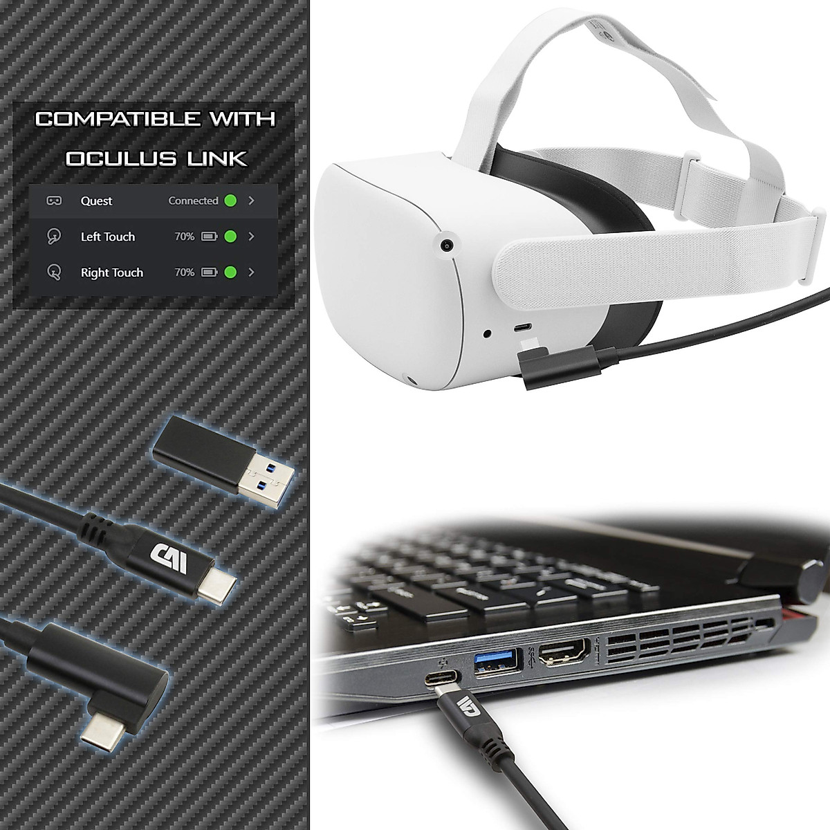 CASEMATIX 13FT USB C Cable Compatible with Oculus Quest 2 Link - USB 3.2 Type-C High-Speed Data and Charging Compatible, Included USB-A Adapter