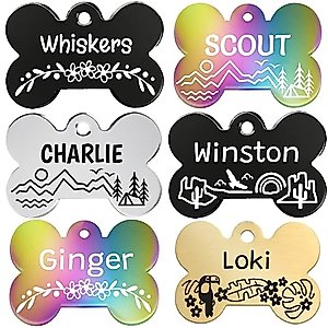 GoTags Dog Tags, Personalized Pet Tags in Stainless Steel, Solid Brass, Rainbow Steel or Black Steel with Cute Custom Design, Engraved on Both Sides, Cute Custom Tags for Dogs and Cats, Made in USA