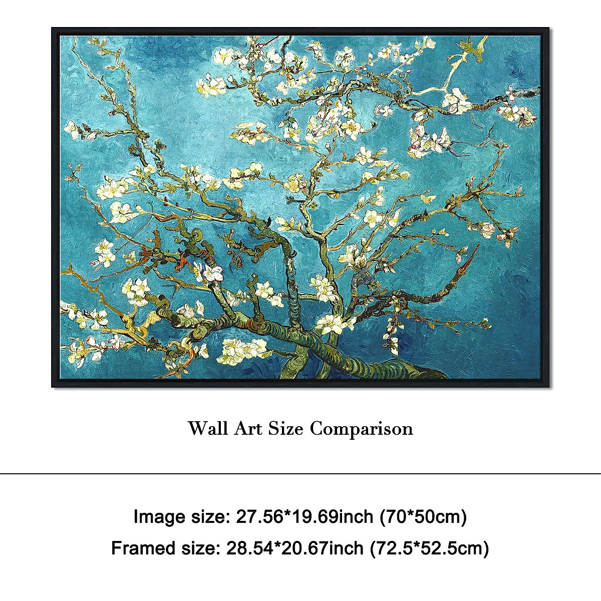 Pyradecor Black Framed Large Almond Blossom Famous Oil Paintings Reproduction Canvas Prints by Van Gogh Floral Pictures on Canvas Wall Art for Home Office Decorations