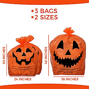 KINREX Halloween Leaf Bags Pumpkin Plastic Lawn and Leaf Bags Decoration - Outdoor Fall Trash Bag Decor - Orange Jack O Lantern - Pack of 3 with Twist Ties