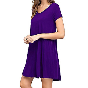 Shakumy Women Casual Plain Simple Loose T Shirts Dress Summer Short Sleeve Tunic Tops Dress Pockets V Neck Swing Dress