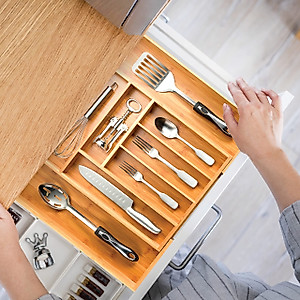Expandable Bamboo Silverware Organizer - Kitchen Drawer Organizer, Utensil Holder - Drawer Organization and Storage in Kitchen, Bathroom or Bedroom, 17” Long, Adjustable from 13” - 22.2” Wide, 2” Deep
