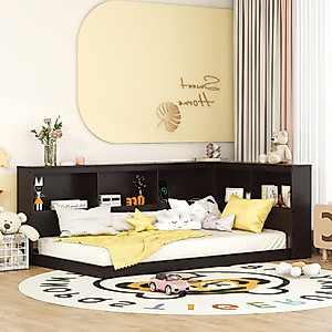 BestLM Wood Twin Size Daybed Floor Bed with Storage Cabinets and USB Ports for Kids Teens Boys Girls, Espresso