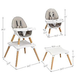 HONEY JOY Baby High Chair, 5-in-1 Convertible Wooden Highchair for Babies and Toddlers/Table and Chair Set/Booster Seat/Toddler Chair with Safety Harness, 4-Position Removable Feeding Tray (Gray)