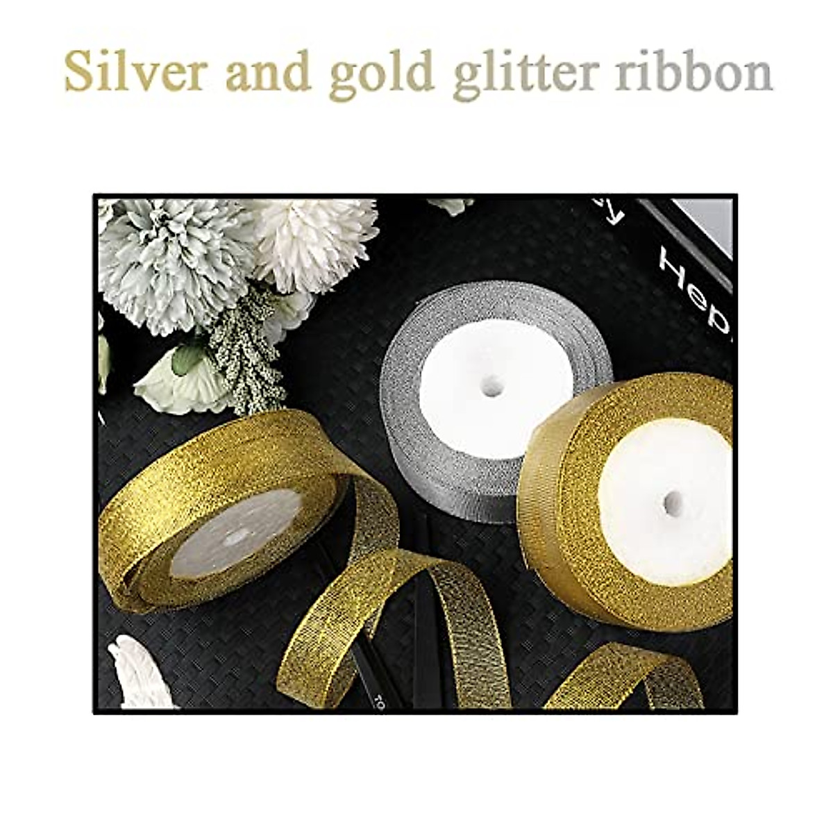 YASEO 1 1/2 Inch Silver Glitter Ribbon, 25 Yards Sparkly Metallic Fabric Ribbons for Gifts Wrapping Wedding Party Decoration and Crafts