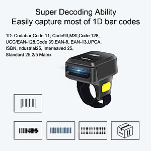 1D Barcode Scanner Portable Finger Handheld Wearable Ring Bar Code Reader BT+2.4G Wireless and Wired Connection with Offline Storage Support for Windows PC Computers Supermarket Library Express